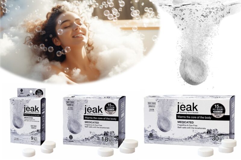 重炭酸・機能性入浴剤「薬用 jeak（ジーク）」を新発売。白いタブレットを1回に3錠使用。炭酸水素Naによる重炭酸イオンが、お湯に24時間 ...
